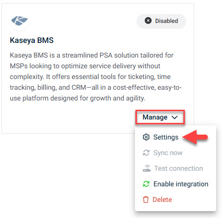 Setting up the Kaseya BMS integration