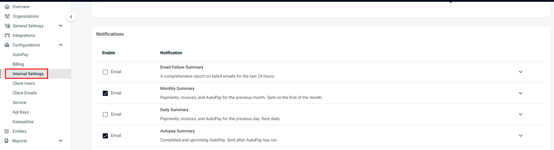 Internal notifications